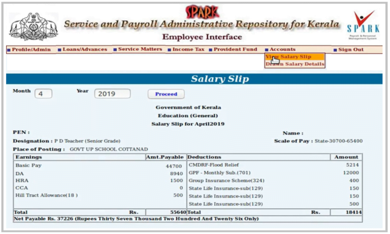 Kerala Employee Salary Slip 2024 download from SPARK Login web portal