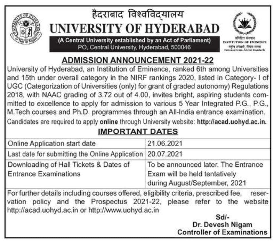 University of Hyderabad UoH PG Entrance Test 2025 for PG & Research ...