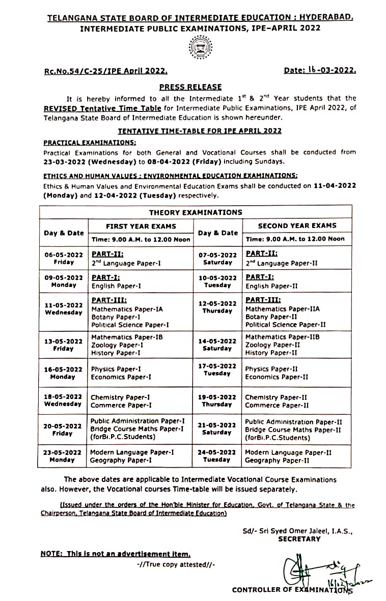 Ts Inter Exams Time Table 2023 Download From Tsbie Cgg Gov In For 1st